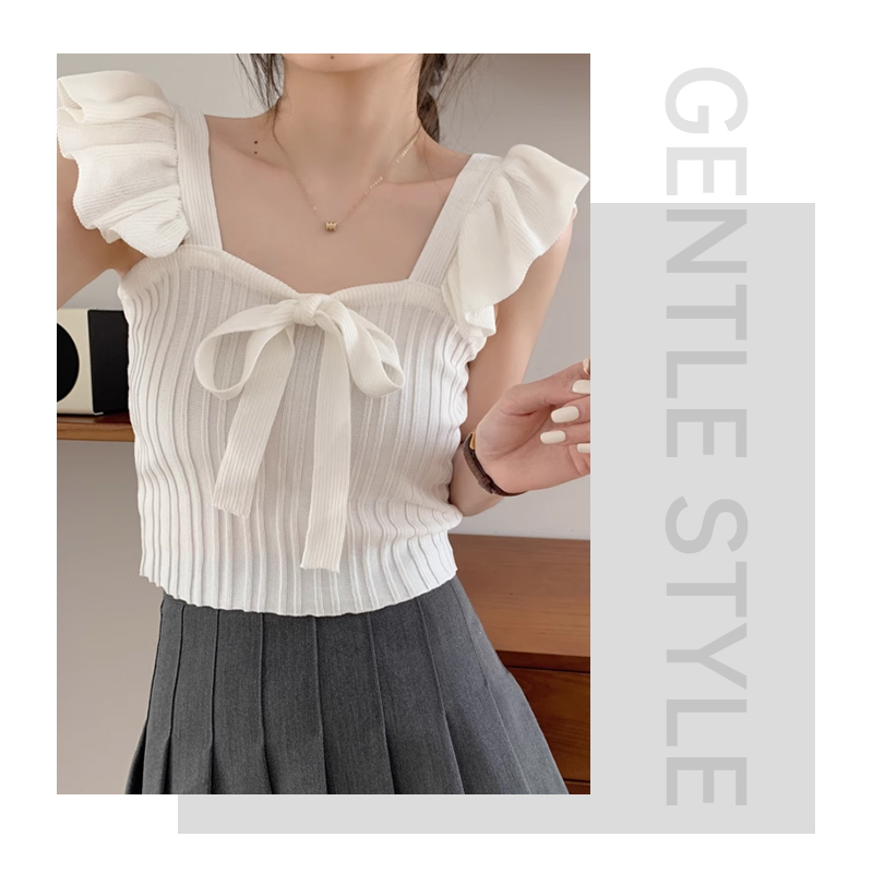Ruffle Edge Tank Top Solid Color Bow Knot Tank Top Gentle French Style ...
