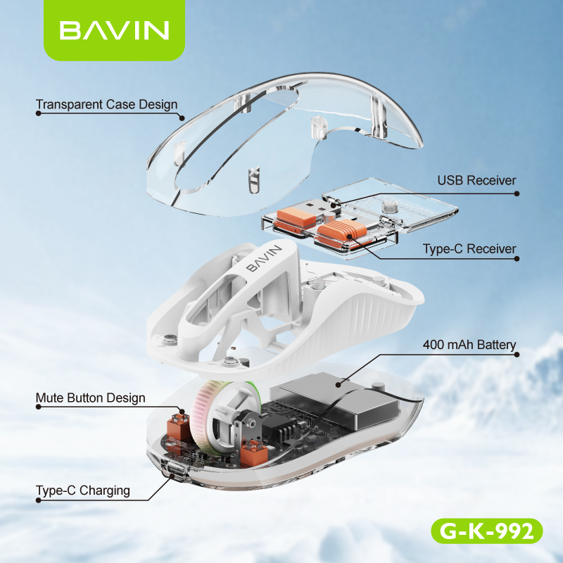 BAVIN K992 RGB Wireless Gaming Mouse w/ Translucent Magnetic Top Cover ...