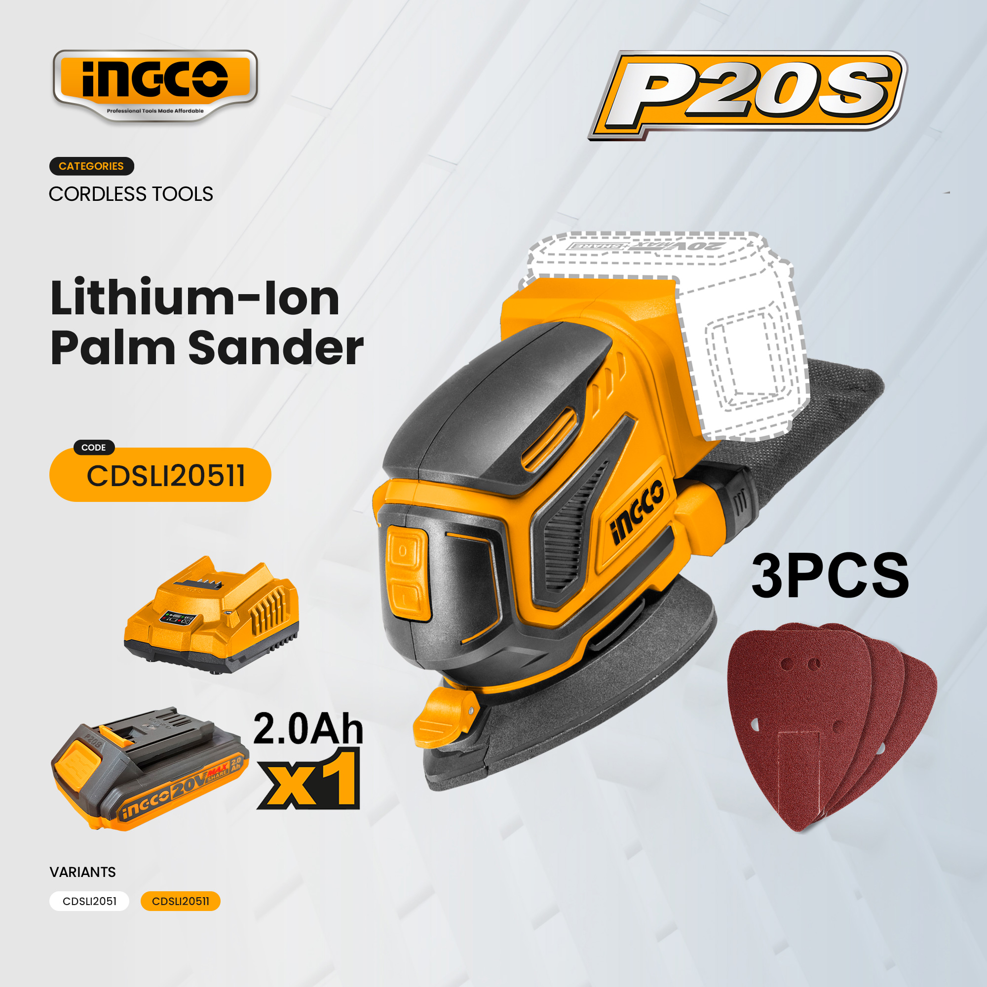 Ingco 20V Lithium-Ion Cordless Rotary Palm Sander Sheet Wood Sander ...