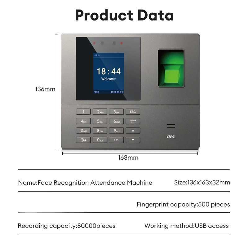 Deli Fingerprint Biometric Machine 2.4'TFT Screen Biometric Fingerprint ...