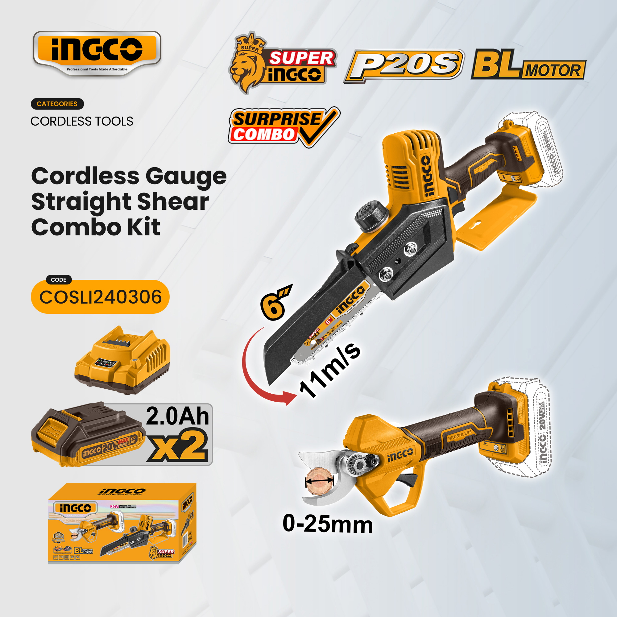 Ingco 2pcs 20V Combo Kit Set Cordless Lithium-Ion Mini Chan Saw And ...