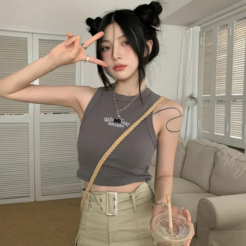 Korean Racer Back Crop Top for Women embroidered Knitted Korean Trendy ...