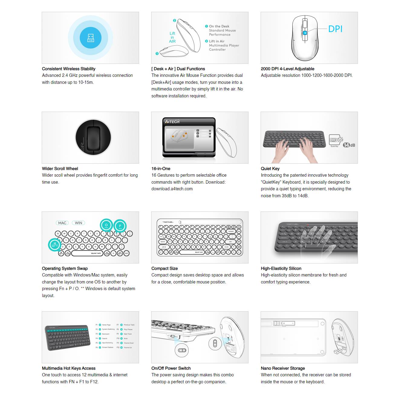 A4Tech FG3200 Air QuietKey Compact Wireless Keyboard and Mouse Combo ...