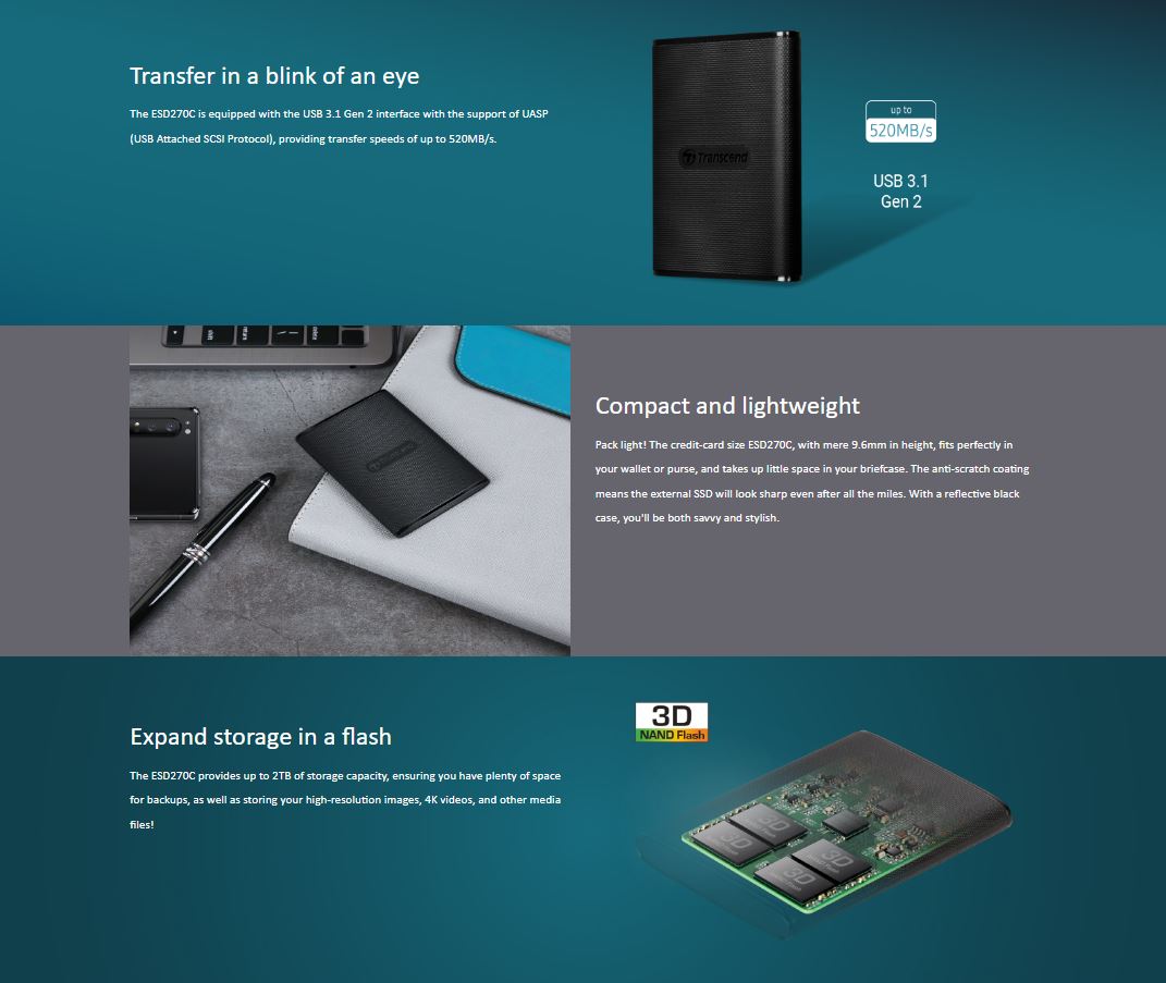Transcend 1TB USB 3.1 Gen 2 USB Type-C ESD270C Portable Solid State ...