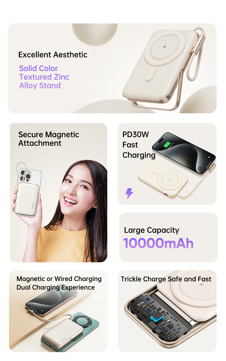 Rock Space P20Pro/P30Pro Wireless Powerbank Built in Cable 10000mAh PD30W Fast Charge For iPhone ...