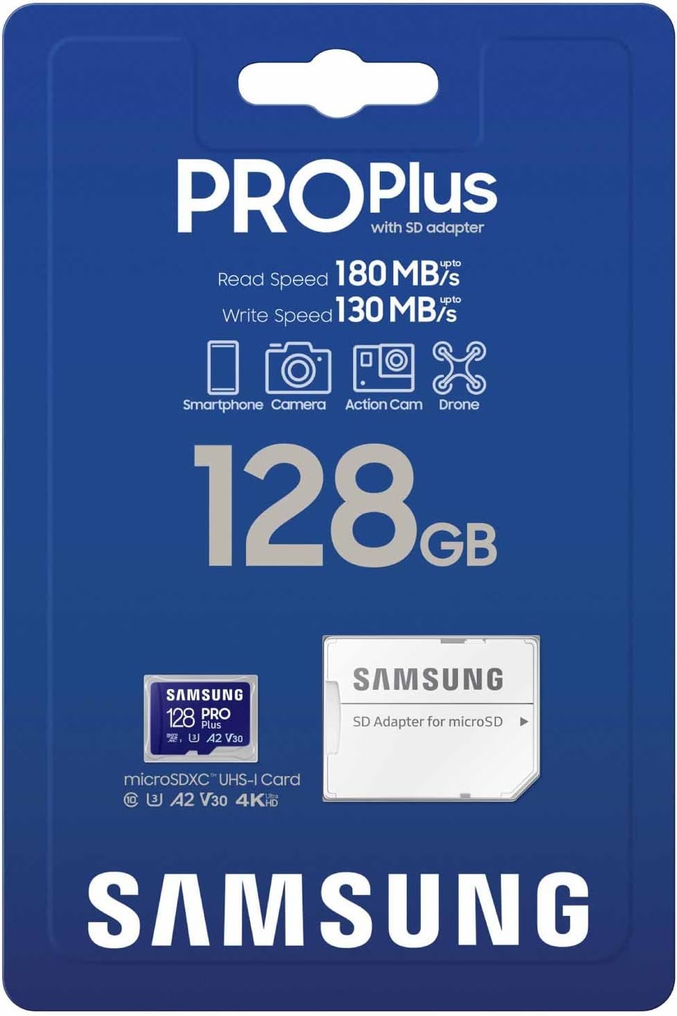 Samsung 128GB PRO Plus micro SDXC Memory Card UHS-I V30 U3 A2 Class 10 with SD Adapter MB ...