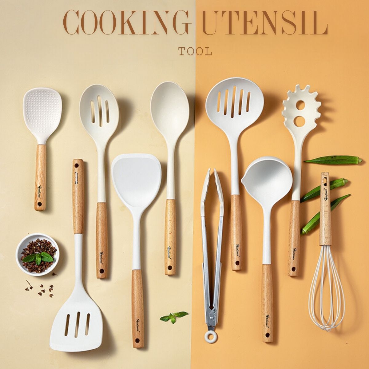 LOCAUPIN Set of Wooden Handle Kitchen Utensil Cookware Silicone Cooking ...