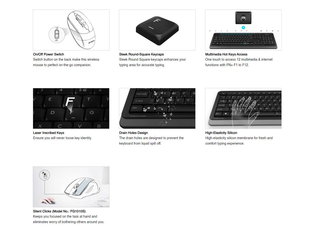A4Tech FG1010 Fstyler FGK10 + FG10 2.4G Power-Saving Wireless Keyboard and Mouse Combo Kit ...