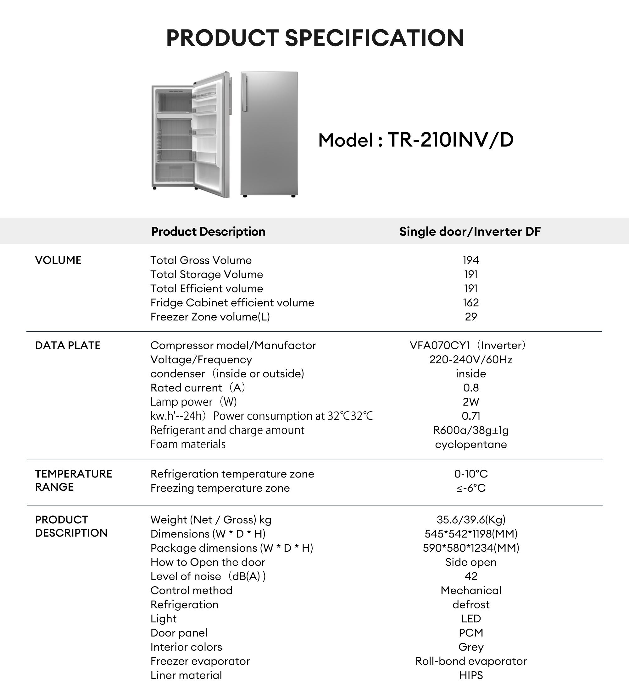 TCL 7.0 cu. ft. Single Door Inverter Refrigerator - TR-210INV/D ...