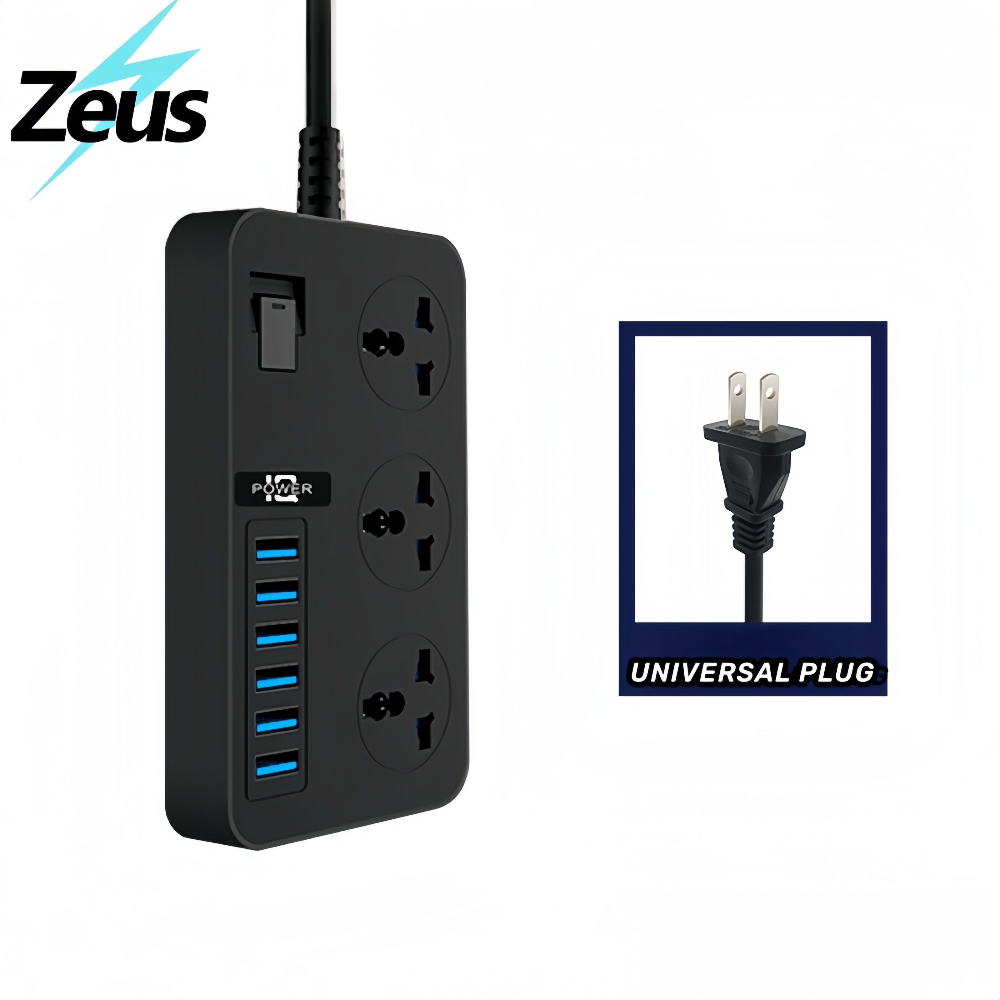 Zeus Multi-function 3.1A Universal Power Socket Extension Cord Plug With 3 Ac Outlet And 6 Usb ...