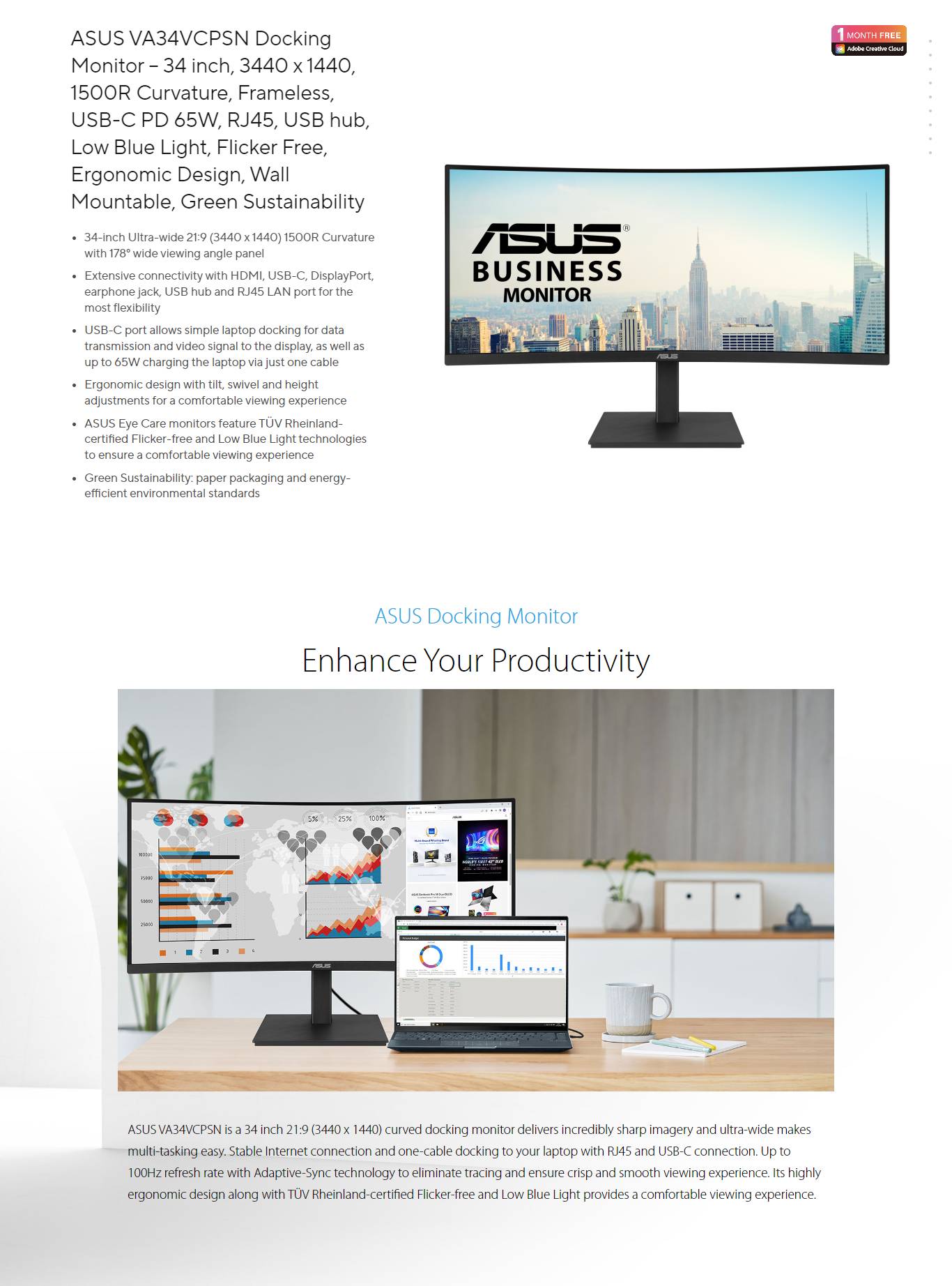 Asus VA34VCPSN 34" UWQHD LED USB-C VA Technology 4ms 100Hz Ultra-Wide ...