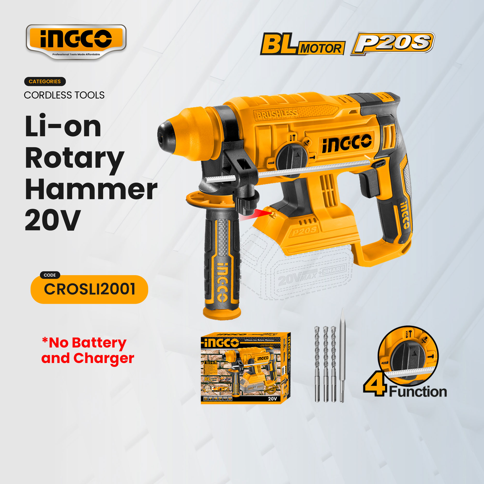 Ingco 20V Industrial Lithium-Ion Cordless Rotary Hammer Drill BRUSHLESS ...