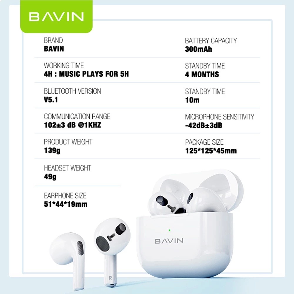 Original BAVIN TWS Wireless Earbuds Bluetooth5.1 Earphone Hi-Fi Audio ...