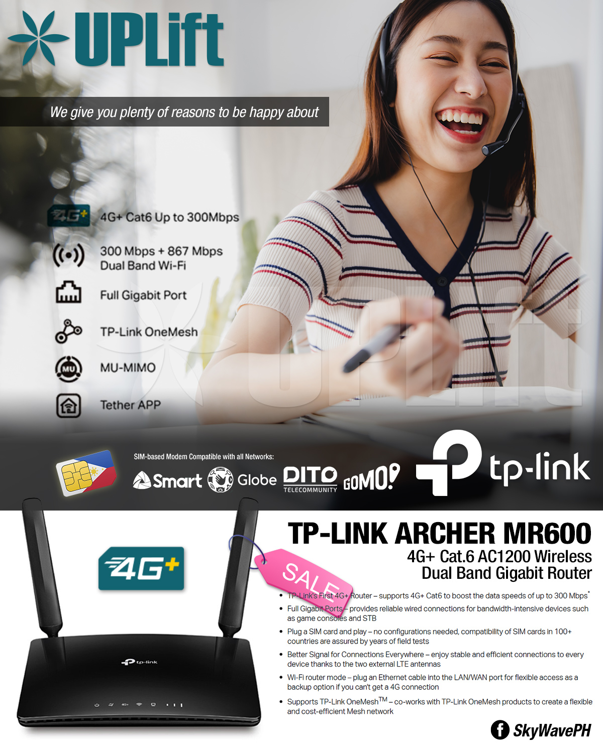 Archer MR600 4G+ Cat6-Class AC1200 Wireless Dual Band Gigabit Modem Router SIM-Based Openline ...