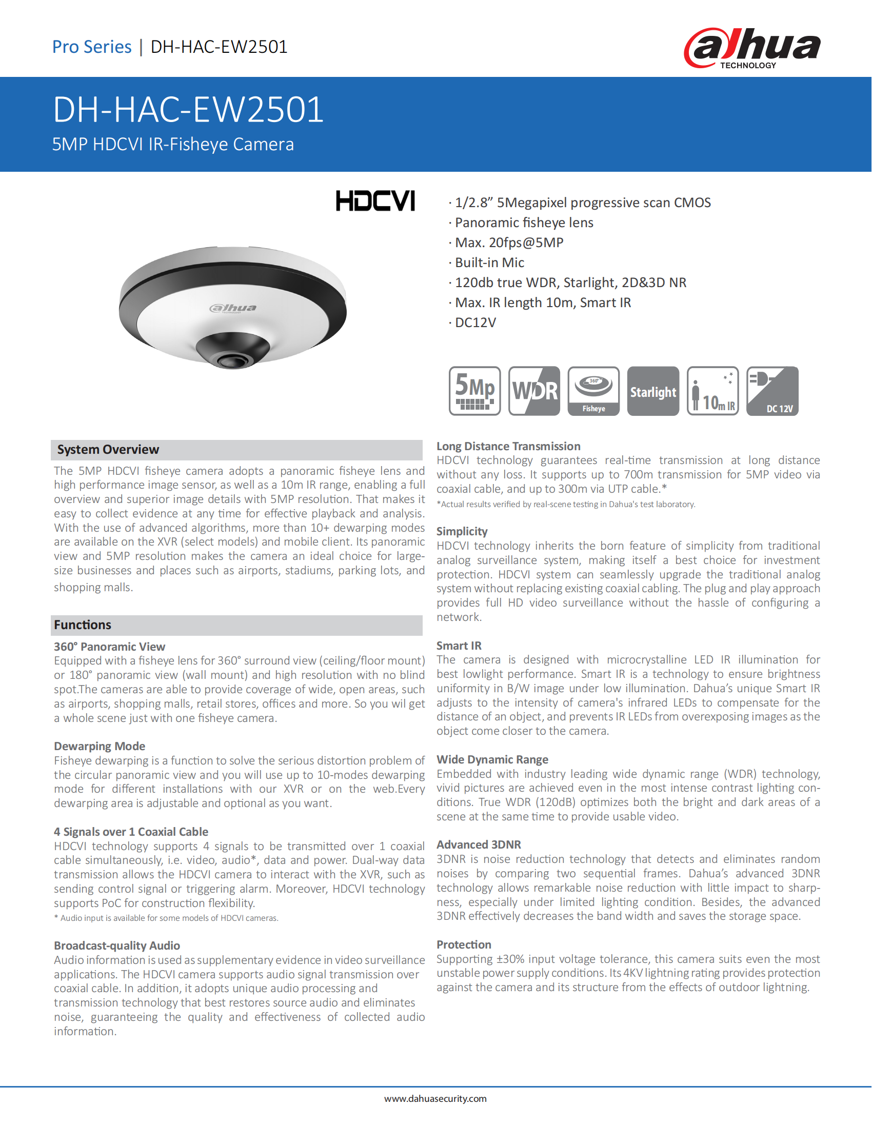 Dahua 360° 5MP HDCVI IR-Fisheye Camera With Audio CCTV Panoramic ...