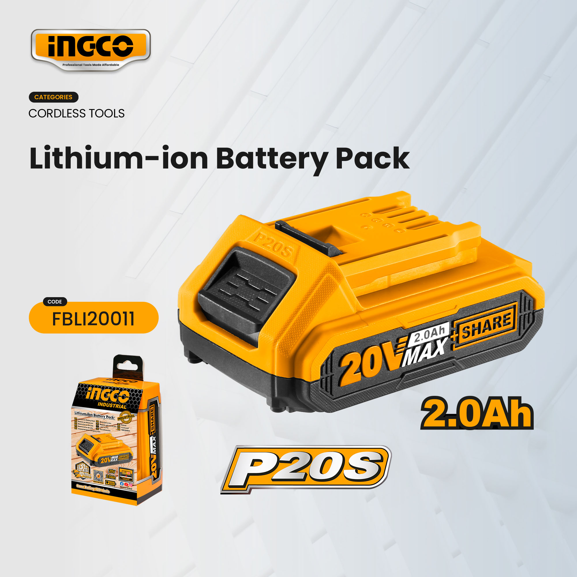 Ingco Lithium-Ion Battery Pack 2Ah P20s 20V FBLI20011 ICPT | Shopee ...