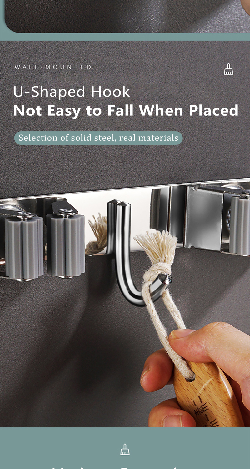 Manuyama Mop Broom Holder Heavy Duty Hooks Hanger Wall Mounted ...