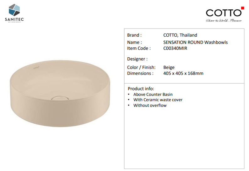 Cotto Sensation-Round basin Ø405mm beige C00340MIR | Shopee Philippines