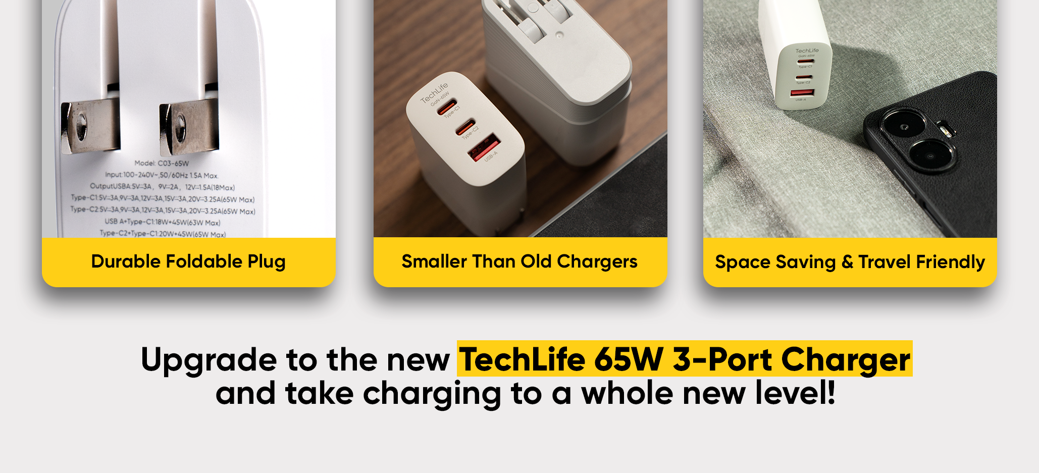 TechLife 65W 3-Port Charger | Fast Charging | Triple Ports Output ...