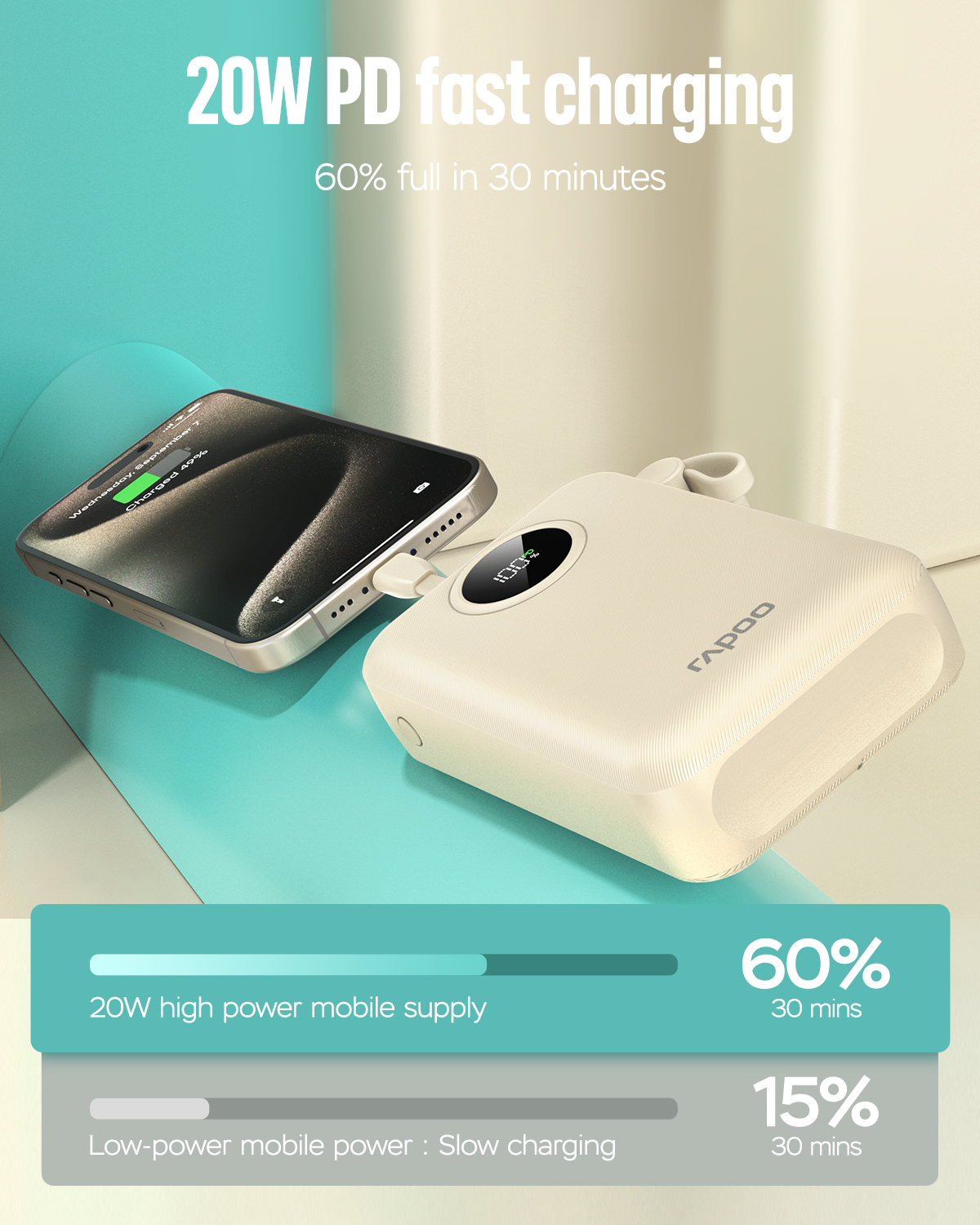 Rapoo RH20ms Pro 20000mAh Power Bank Built-in Cables PD20W Powerbank ...