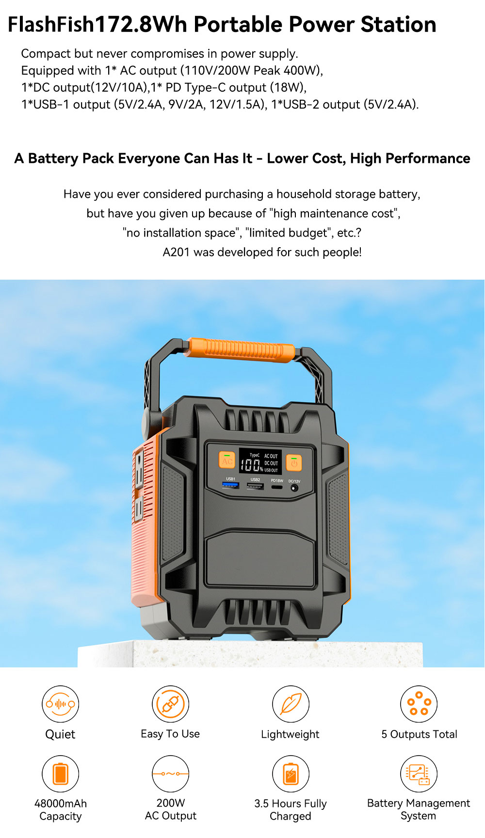 FlashFish Power Station 220V 200W Multi-Function Portable Big Capacity Solar Generator 48000mAh ...