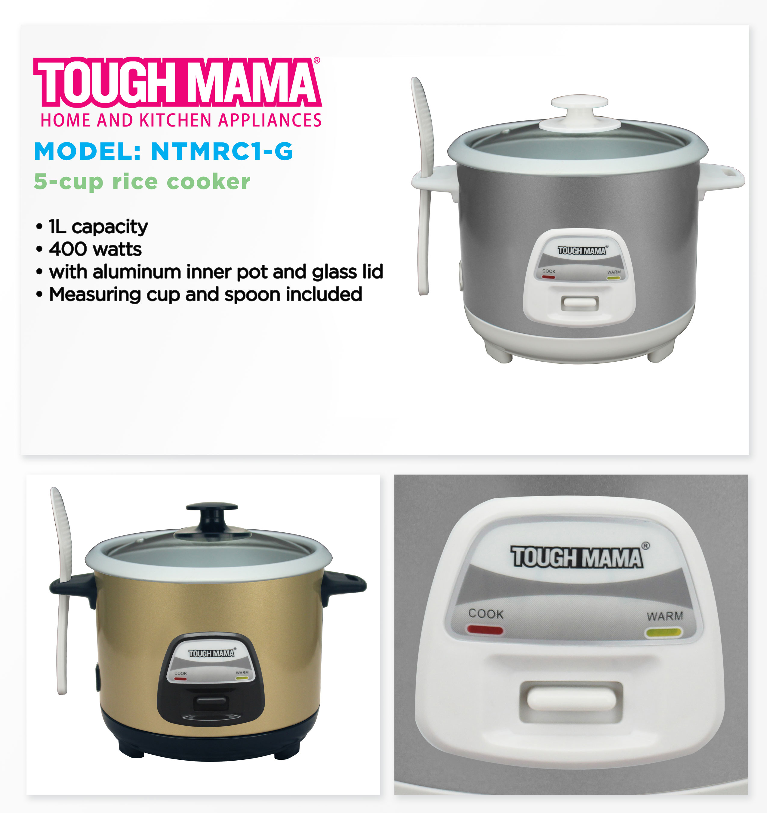 Tough Mama Straight Type Rice Cooker 1L/1.5L/1.8L SILVER with Spoon and ...