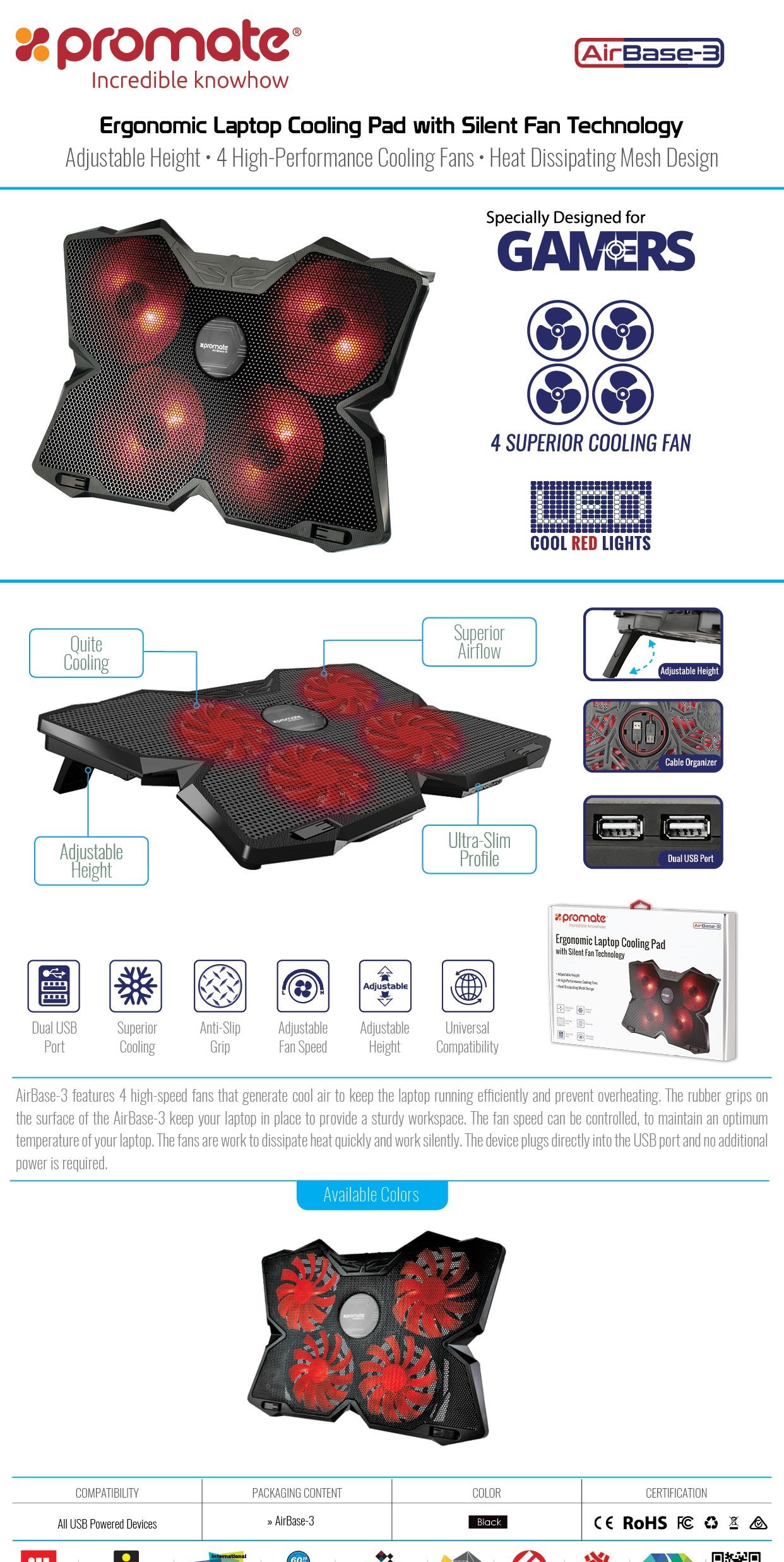 Promate Airbase-3 Ergonomic Laptop Cooling Pad with Silent Fan ...