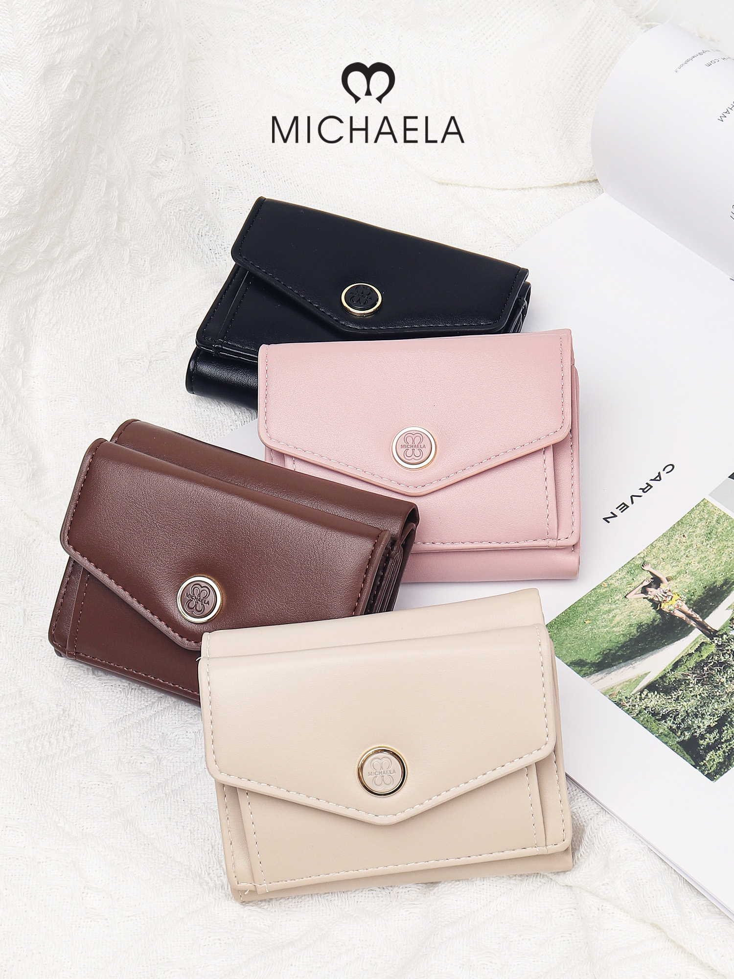 MICHAELA Chic Trifold Wallet with Envelope Snap Coins Pocket Card ...