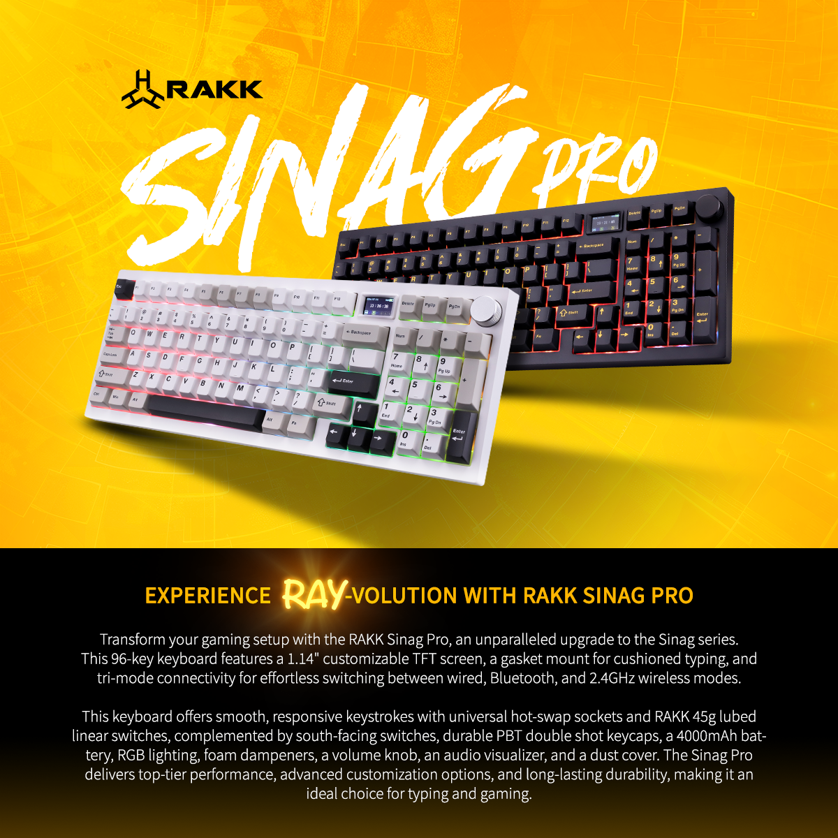 RAKK SINAG PRO Trimode Gasket Mount 1.4" TFT Screen 96 Keys Mechanical ...