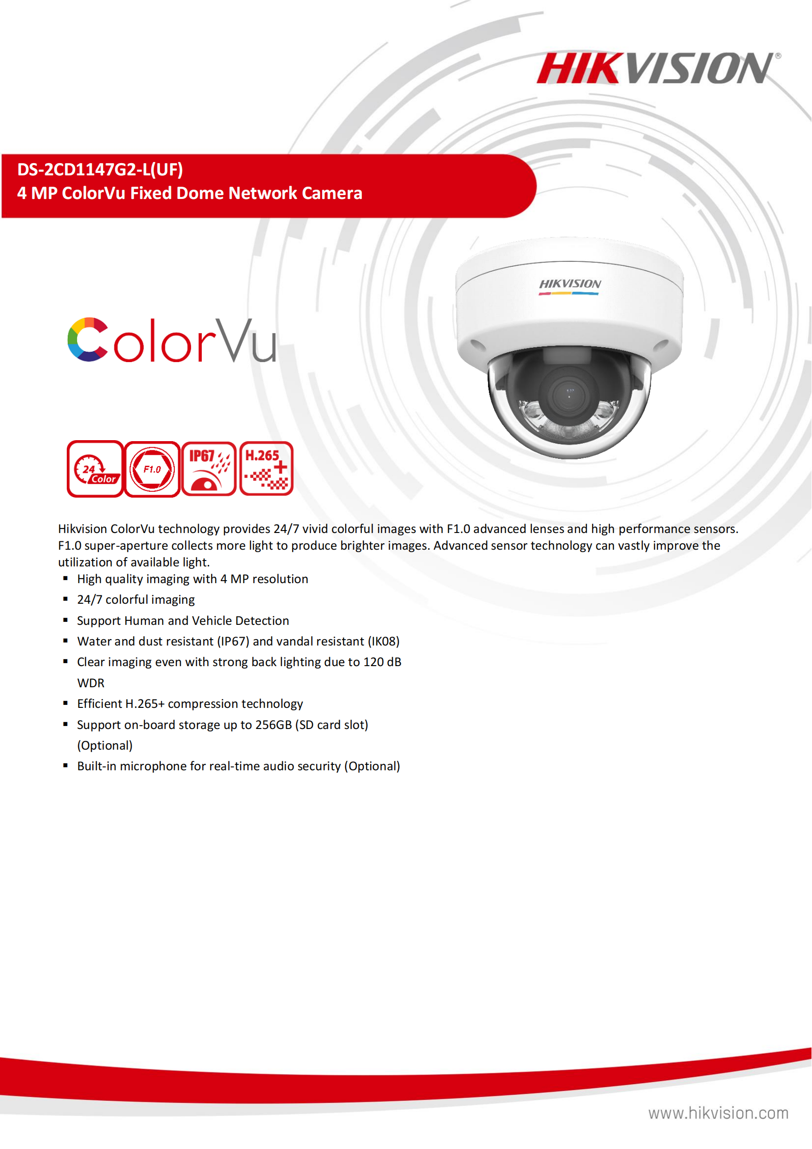 Hikvision 2MP/4MP Full time ColorVu MD 2.0 Fixed Dome Network Camera With audio IP camera IP67 ...