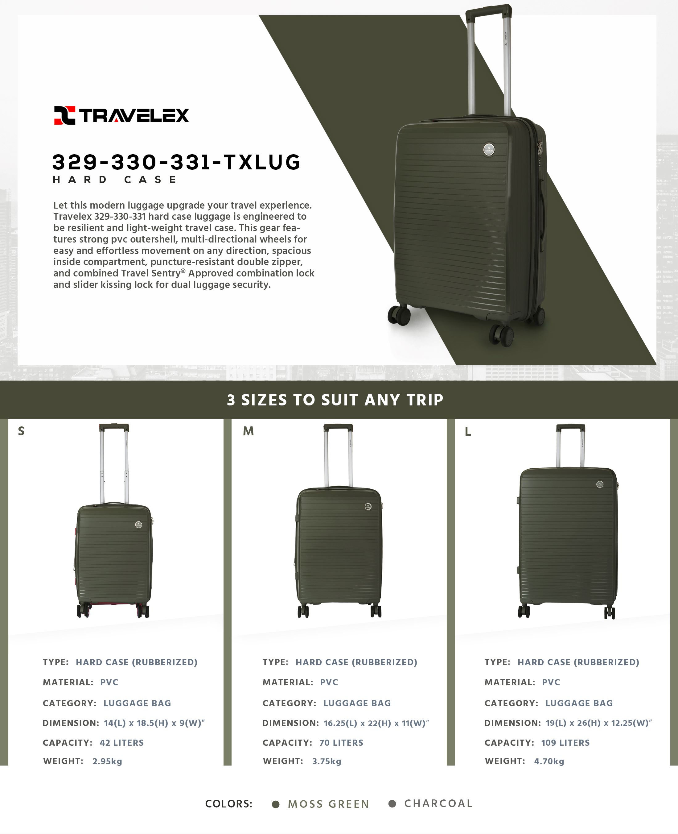TRAVELEX 329-330-331 Hard Case Luggage (Set: Small + Medium + Large) | Shopee Philippines