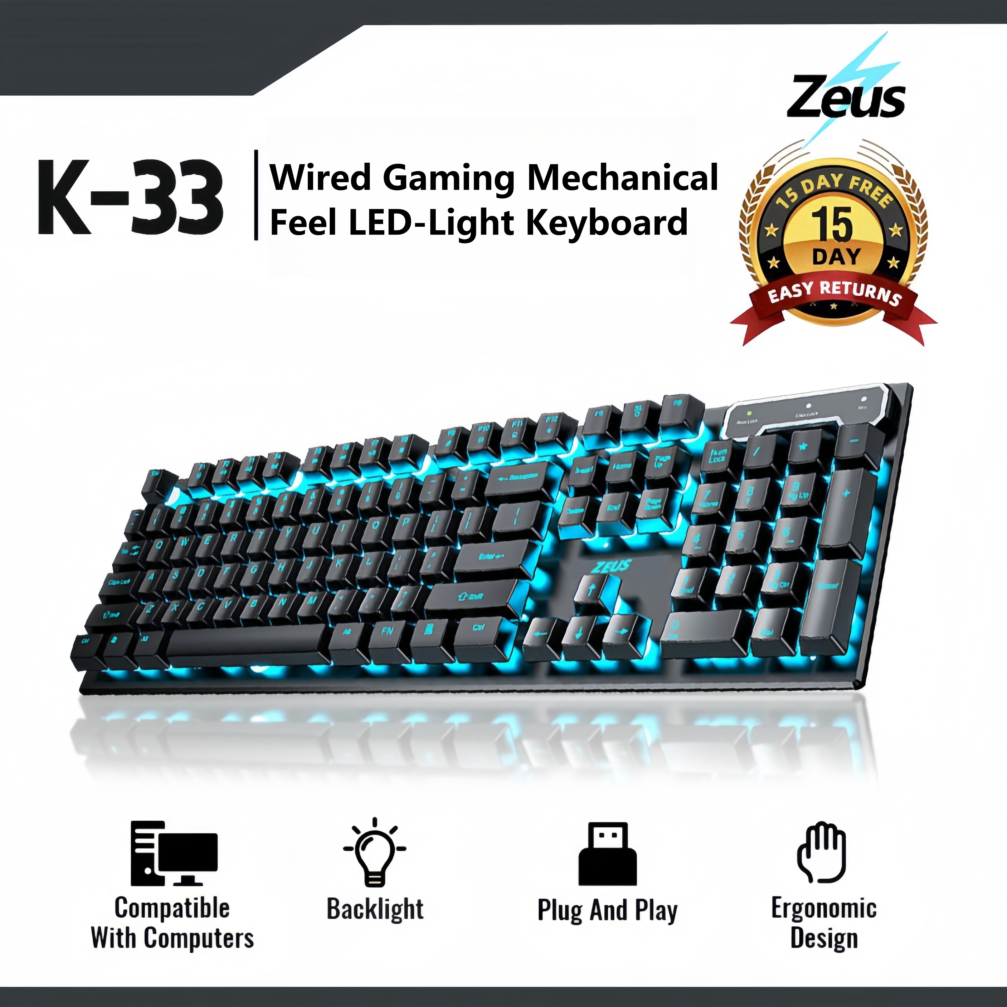 Zeus K-33 Gaming Mechanical Feel Keyboard 104 keys With LED Back Light ...