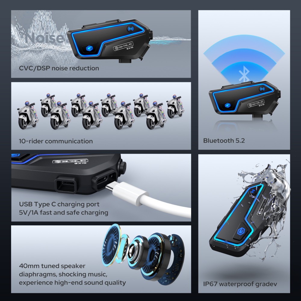 GEARELEC GX10 Motorcycle Helmet Intercom Headset For 10-Riders 2000M ...