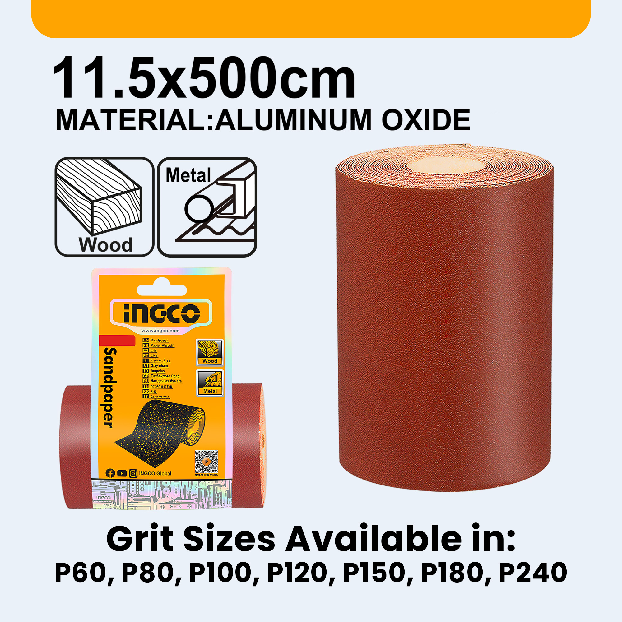 Ingco 11.5x500cm Aluminum Oxide Sandpaper Roll P40-P240 Abrasive ...