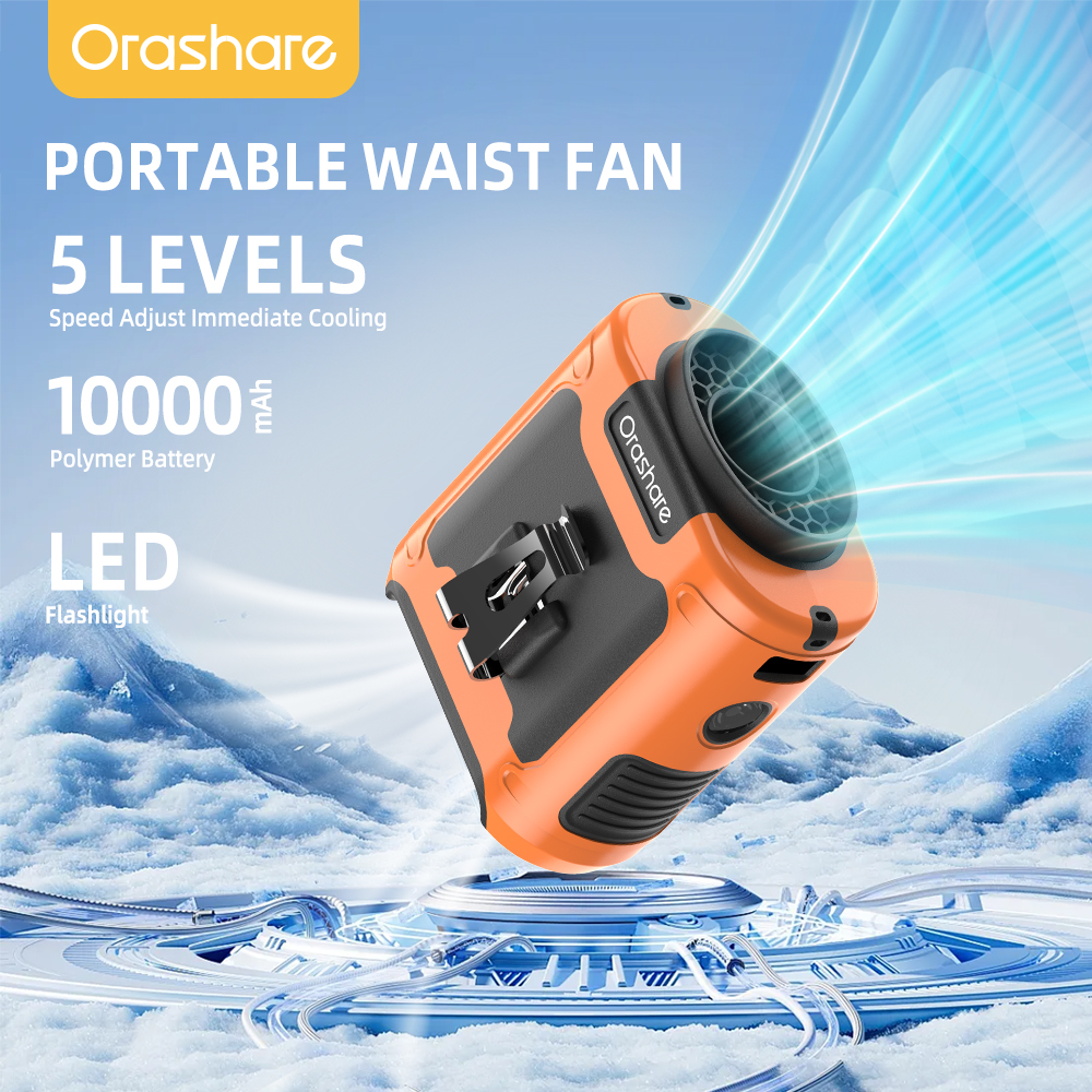 Orashare K50 10000mAh Portable Waist Cooling Fan 3 in 1 Outdoor Fan With Light 5 Speed Wind Clip ...