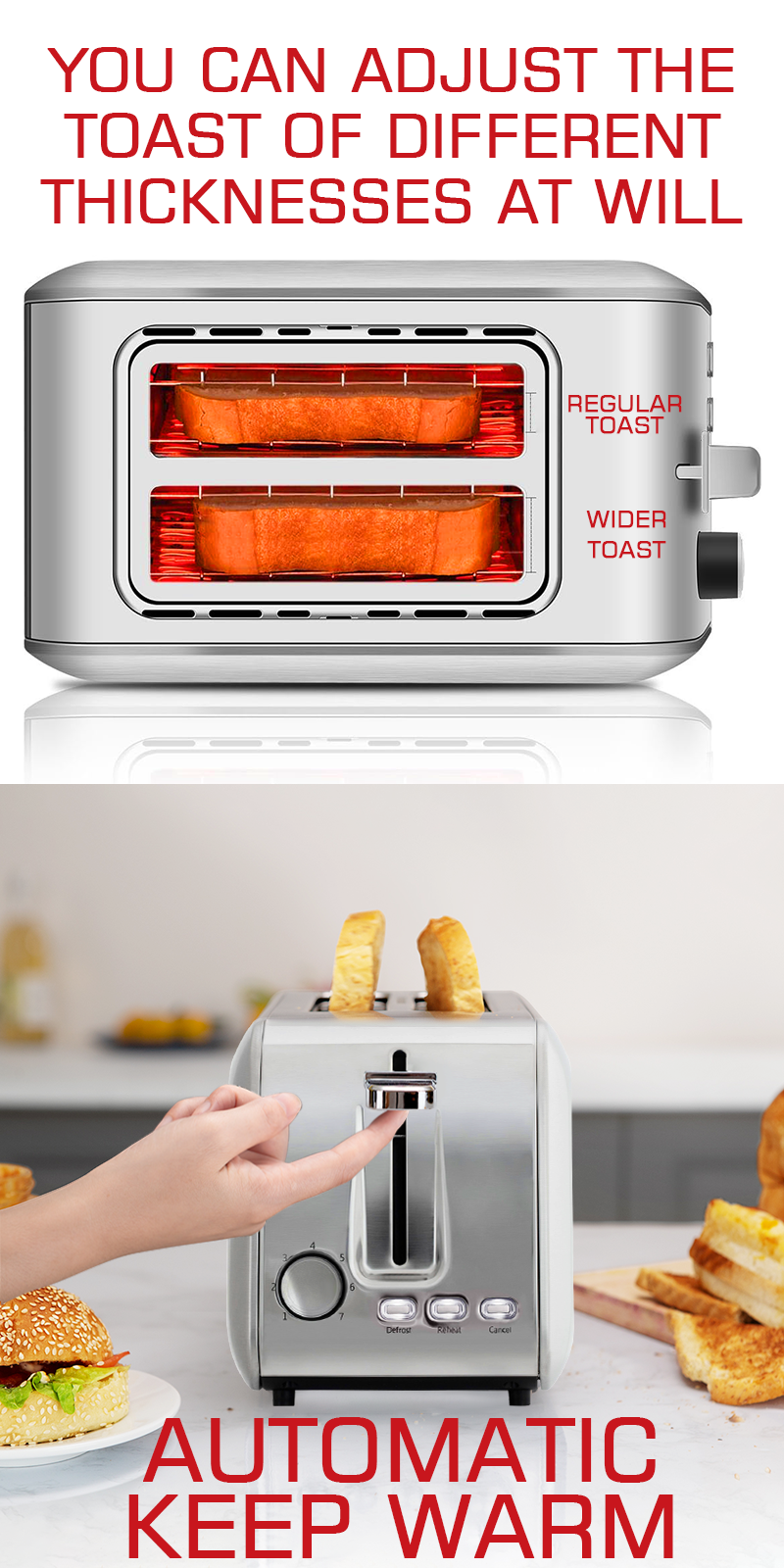 LAHOME 2-Slice Bread Bagel Toaster Automatic High-Lift Leve 7 Gear Warm ...