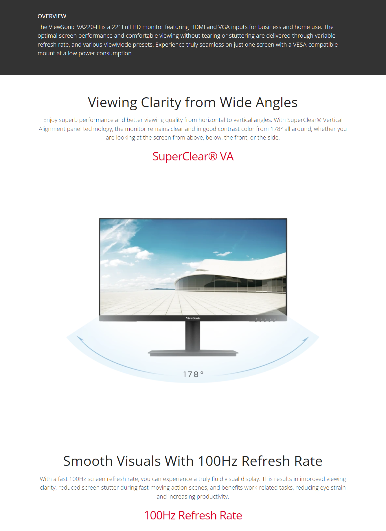 ViewSonic VA220-H 22" FHD 100Hz 1ms SuperClear VA Panel Technology ...