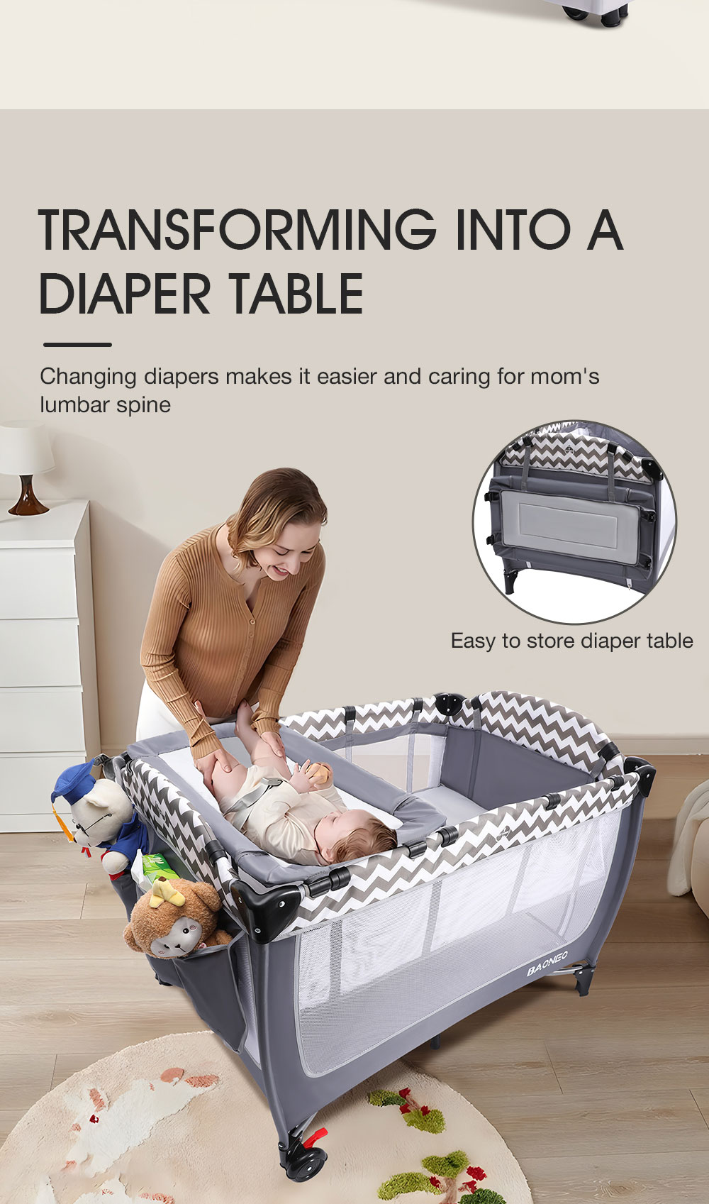 Rocking Multifunctional Baby Crib Foldable Baby Bed with Diaper Table ...