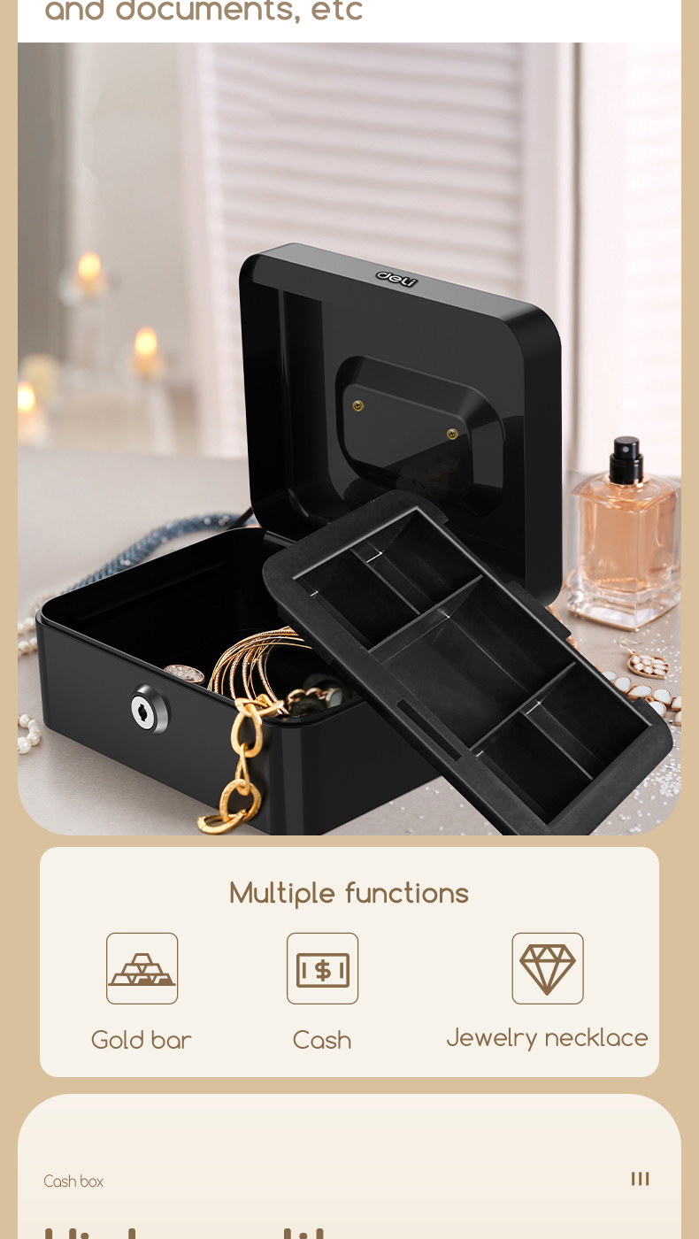 Deli Cash Box With Lock Portable Safety Cash Coin Money Box Security ...