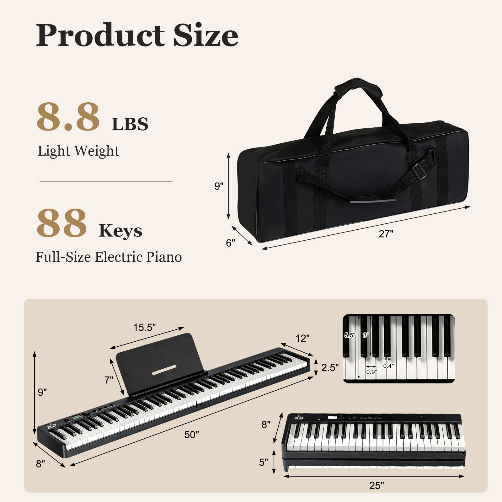 RIXTON Portable Digital Piano 88 Keys Foldable Piano Keyboard Electric ...