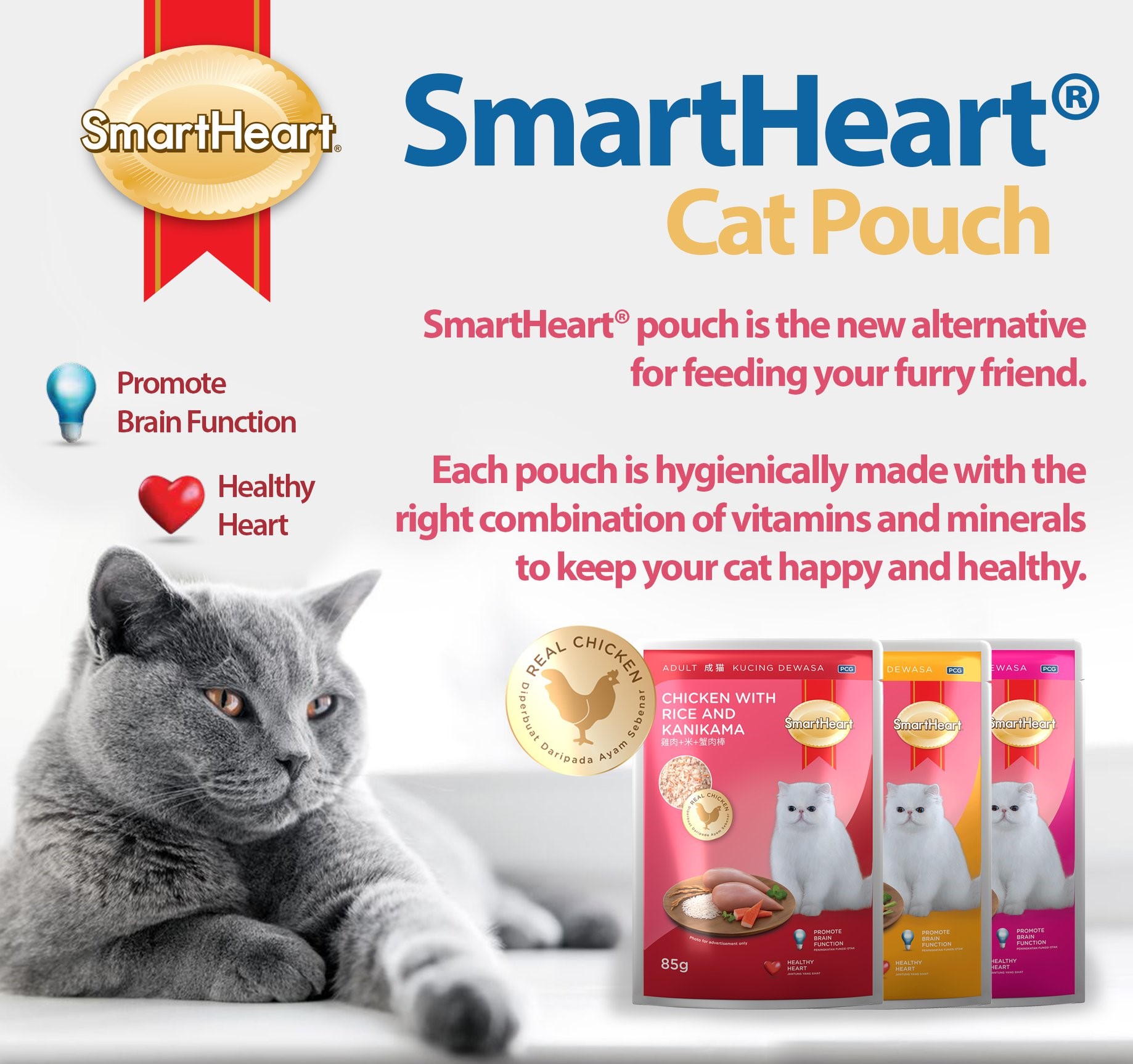 SmartHeart Adult Cat Wet Food Pouch Chicken Rice Tuna Kanikama Cheese ...