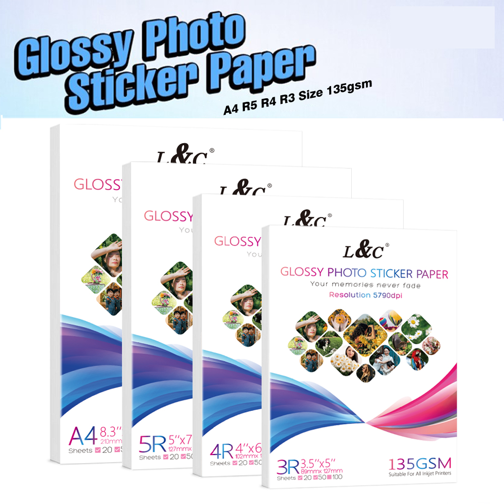 L&C Photo Sticker Paper Glossy Photo Paper 135Gsm 3R 4R 5R A4 Size 20 ...