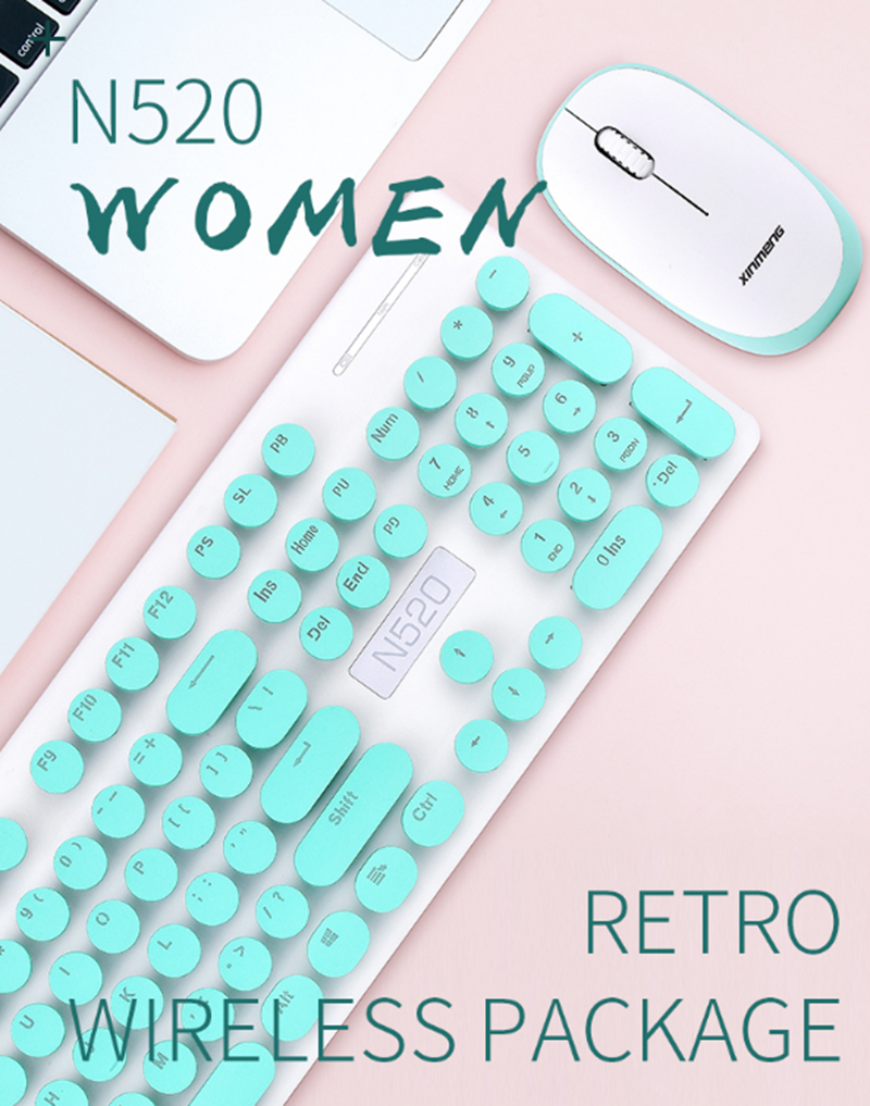 Xinmeng N520 Retro Style Wireless Keyboard and Mouse Set with Round Key ...