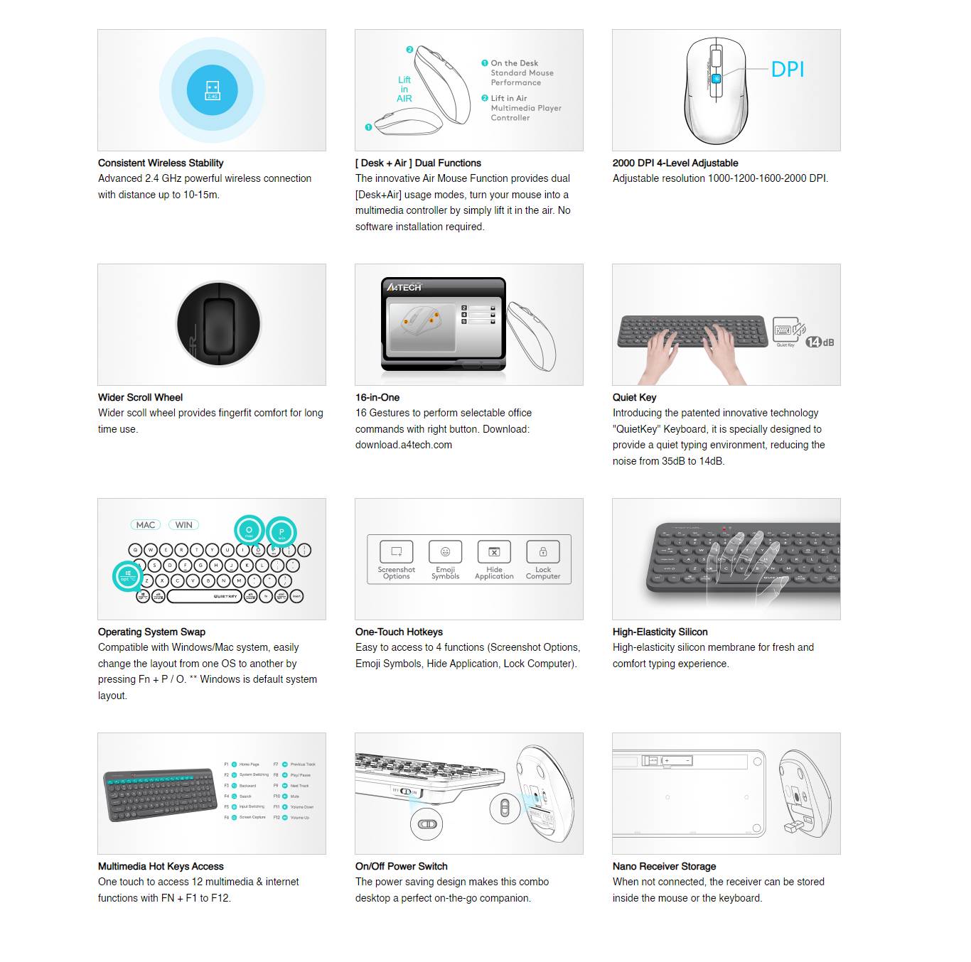 A4Tech FG3300 Air 2 QuietKey 2-Zone Wireless Keyboard and Mouse Combo ...