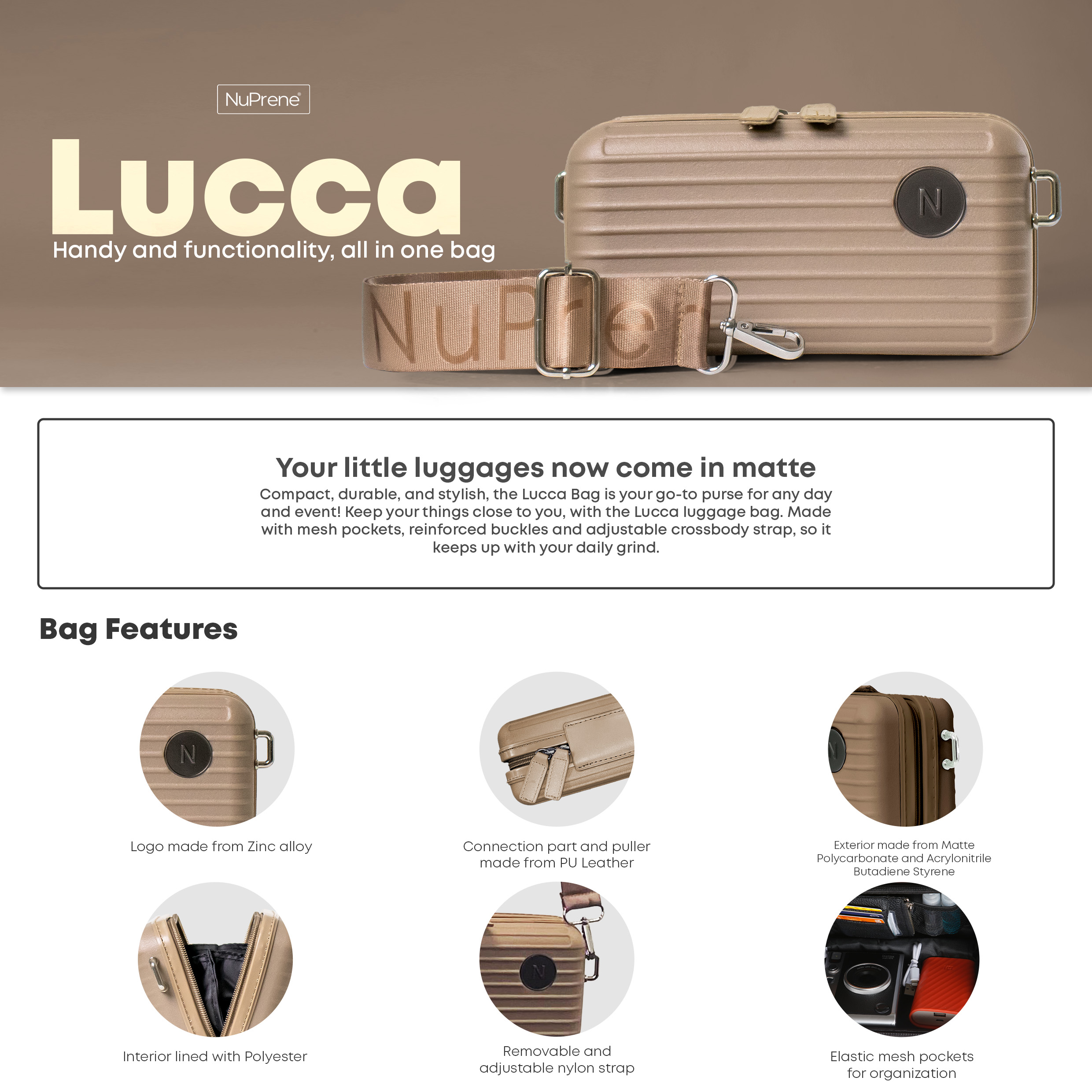 NuPrene - The Lucca Bag - Robust Mini Travel Bag in Mocha - With ...