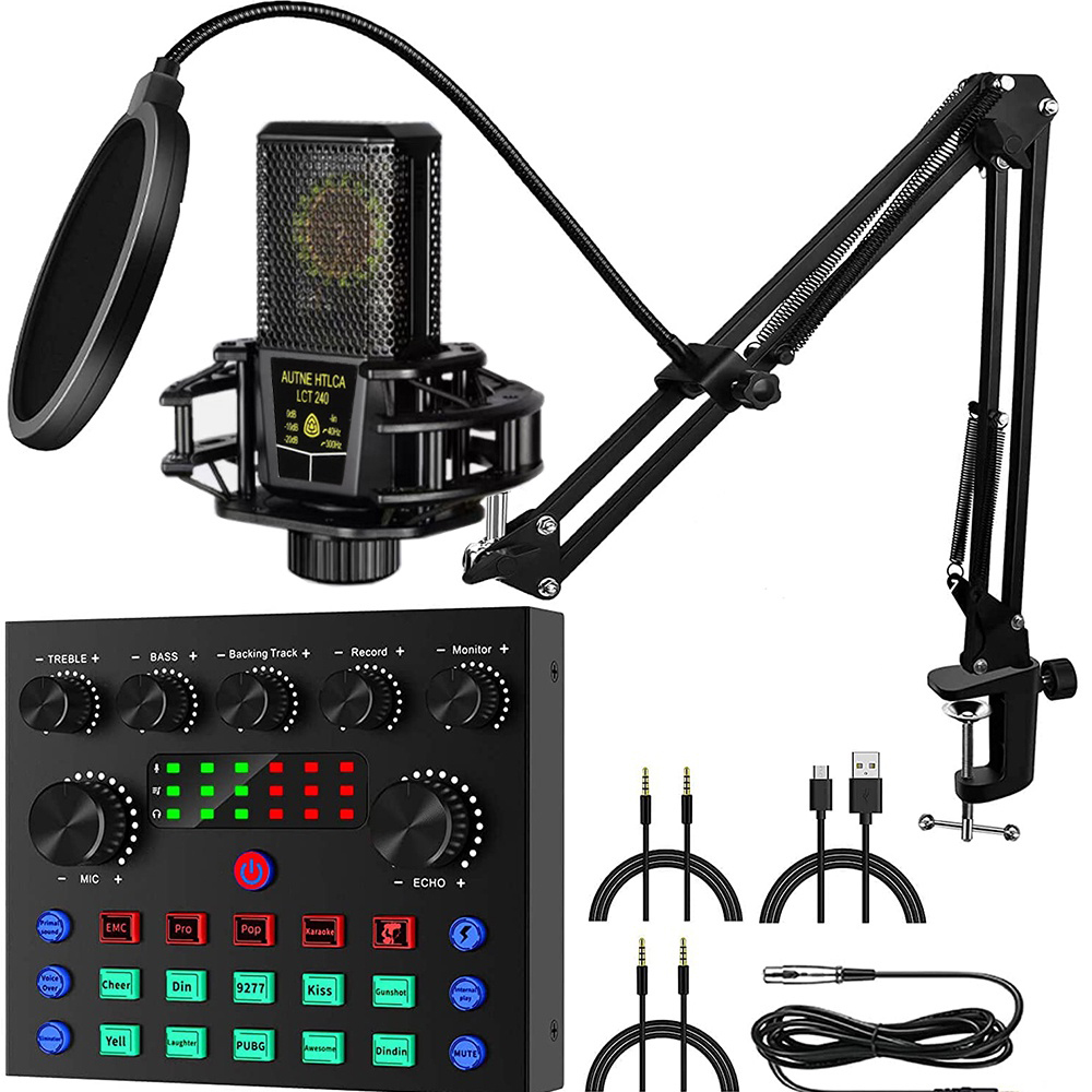 Popcorn LCT240 Condenser Microphone Full Set with V8S Soundcard for ...