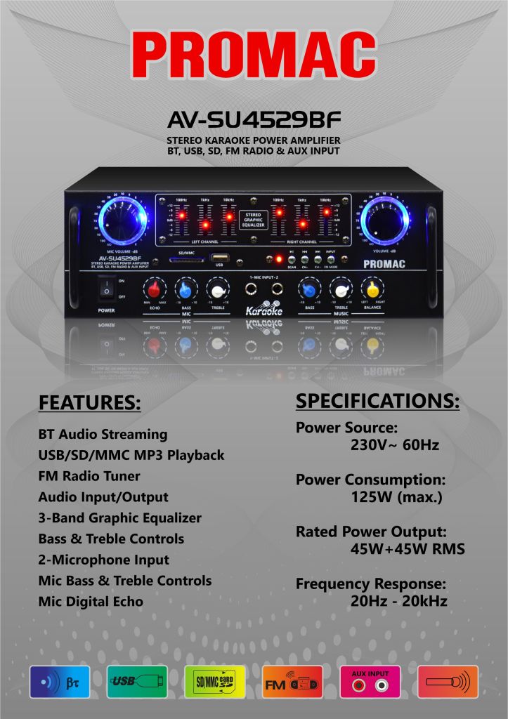 Promac 180W (x2) Karaoke Power Amplifier with Bluetooth (AV-SU4529BF ...