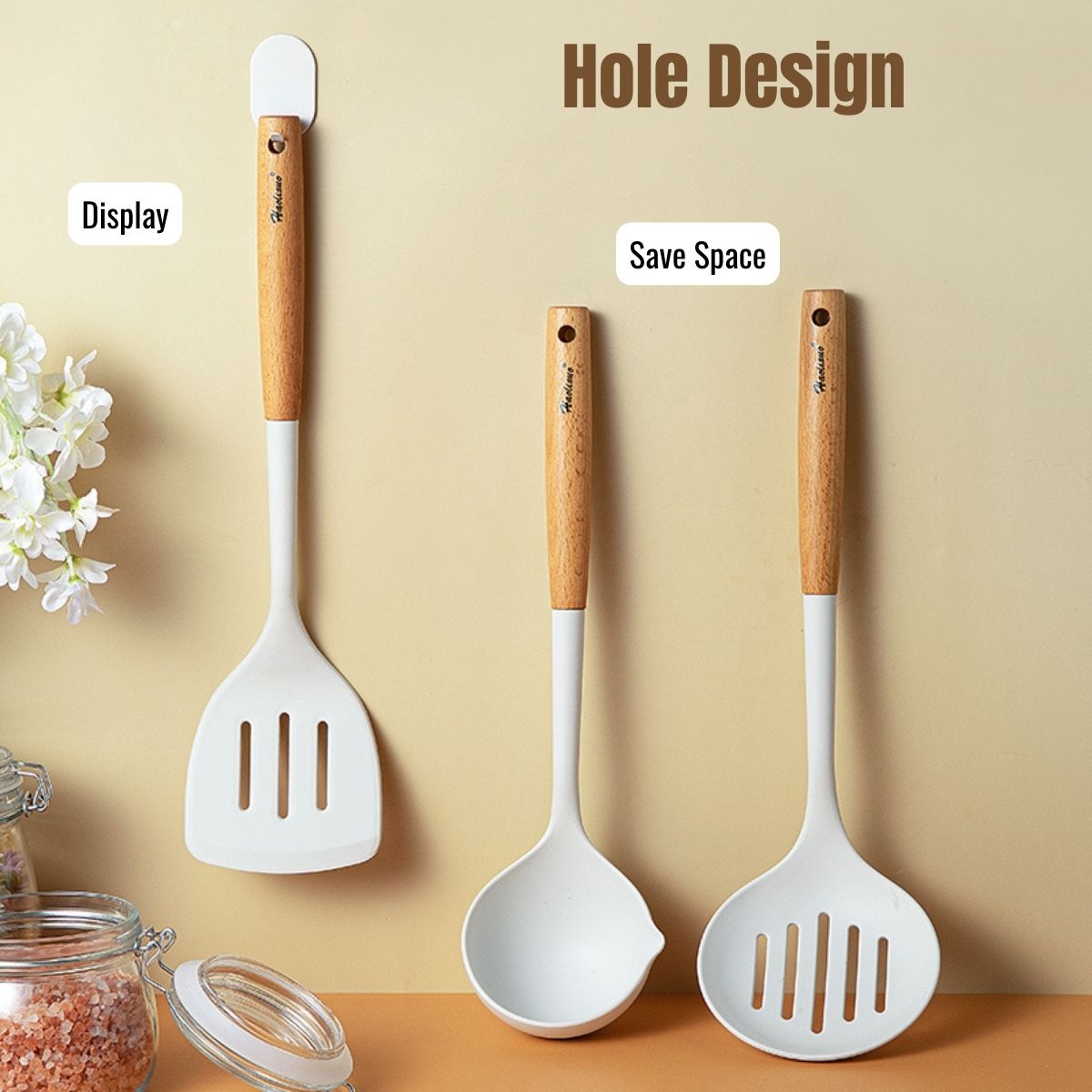 LOCAUPIN Set of Wooden Handle Kitchen Utensil Cookware Silicone Cooking ...