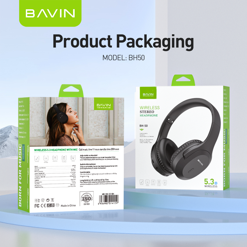 BAVIN BH50 Bluetooth Stereo Audio Sounds Built-In Microphone w/ Long lasting Battery Headset ...