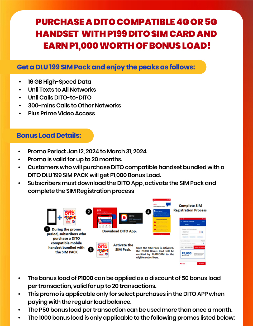 DITO Level-Up 199 SIM Pack with P1,000 worth of Bonus Load | Shopee ...
